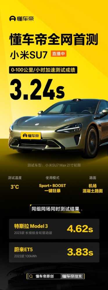 小米SU7实测百公里加速3.24秒 超特斯拉Model 3 - 叮当号