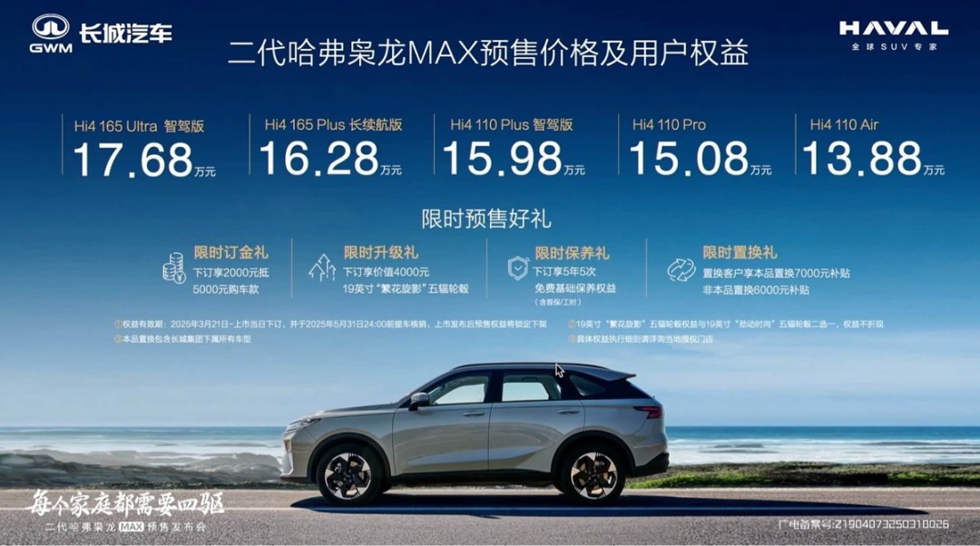 全系搭载Hi4四驱 长城二代哈弗枭龙Max开启预售：13.88万起 - 叮当号