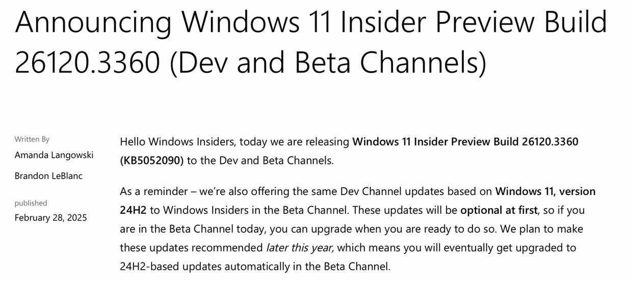 Win11 Dev/Beta 26120.3360预览版今日发布:附KB5052090完整更新日志 - 叮当号